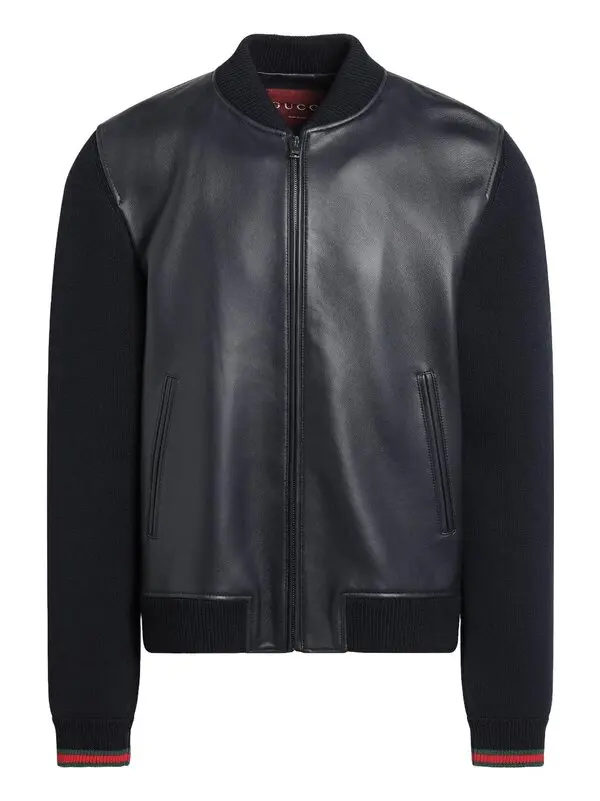 Gucci Leather And Knit Bomber Jacket - Blue