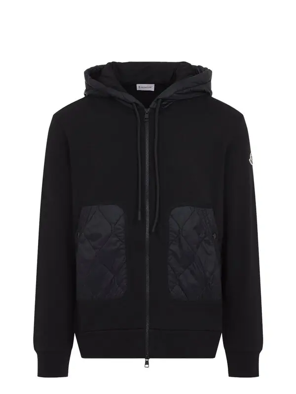 Moncler Quilted Panel Zip Up Hooded Sweatshirt - Black
