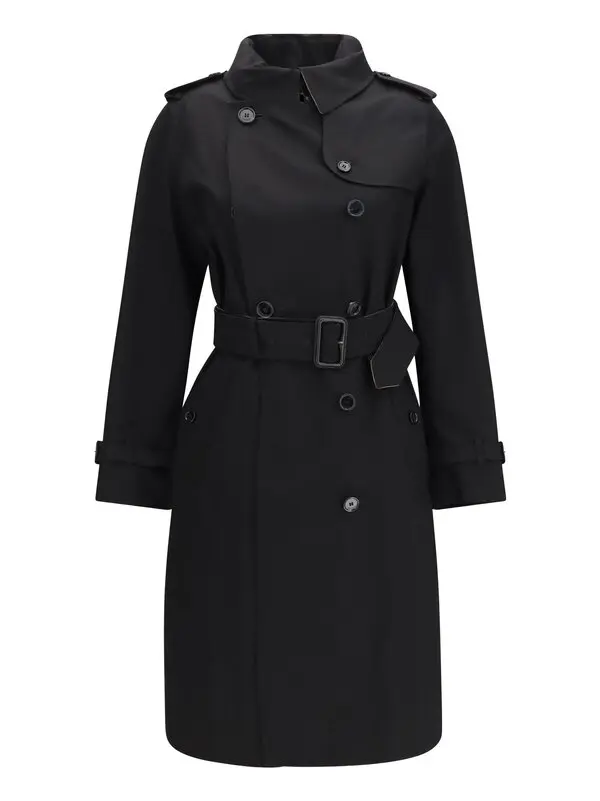 Burberry Long Gabardine Trench Coat With Check Collar - Black