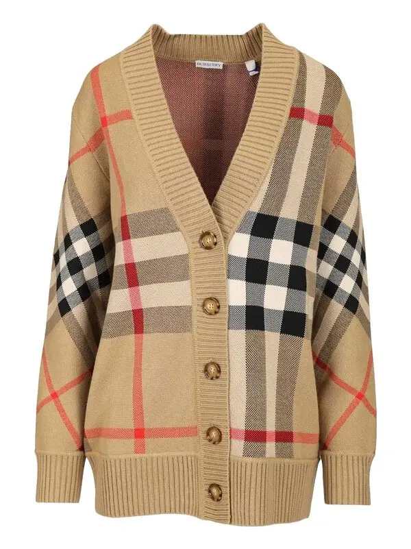Burberry Check Wool Blend Cardigan - Cream