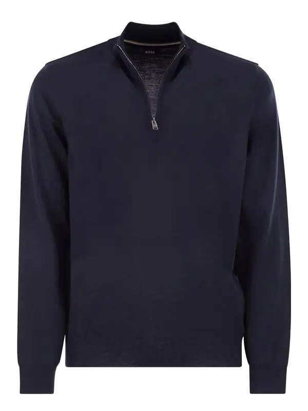 BOSS Virgin Wool Zip Collar Jumper - Blue