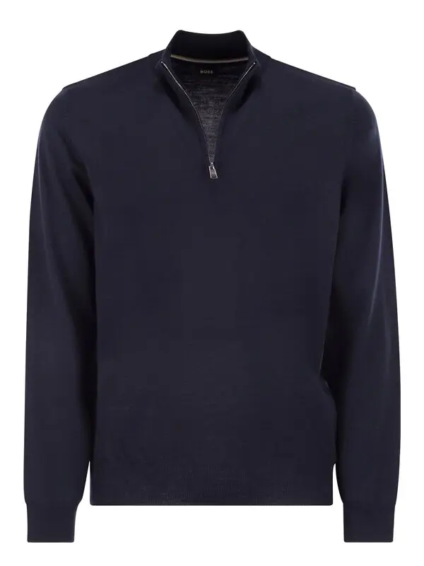 BOSS Virgin Wool Zip Collar Jumper - Blue