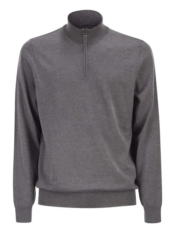 BOSS Virgin Wool Jumper With Zip Collar - Gray