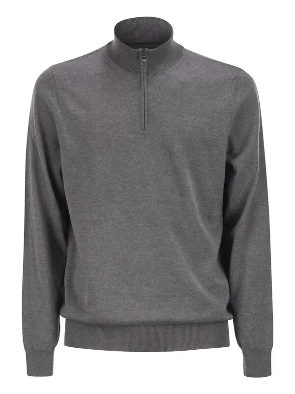 BOSS Virgin Wool Jumper With Zip Collar - Gray