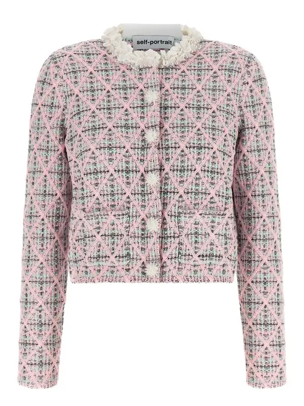 SELF-PORTRAIT Floral Collar Bouclé Cardigan - Pink