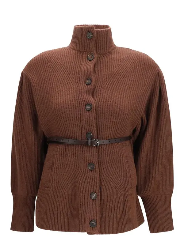 Brunello Cucinelli High Neck Cardigan With Belt - Brown
