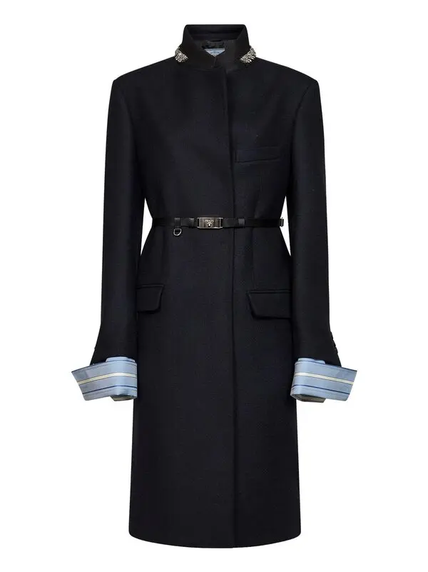 Prada Virgin Wool Embroidered Belted Coat - Multicolor