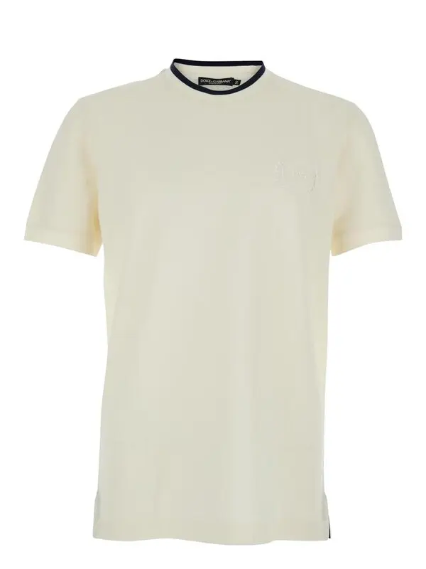 Dolce & Gabbana White Crew Neck T-shirt With Logo On The Front In Tech Fabric - Multicolor