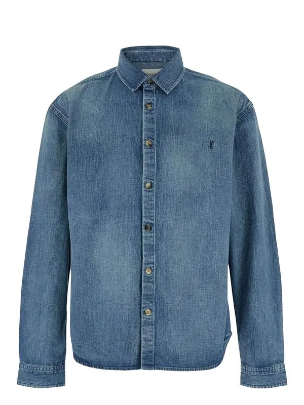 Saint Laurent Shirt With Classic Collar And Cassandre Embroidery On The Front In Light Blue Denim For - Multicolor