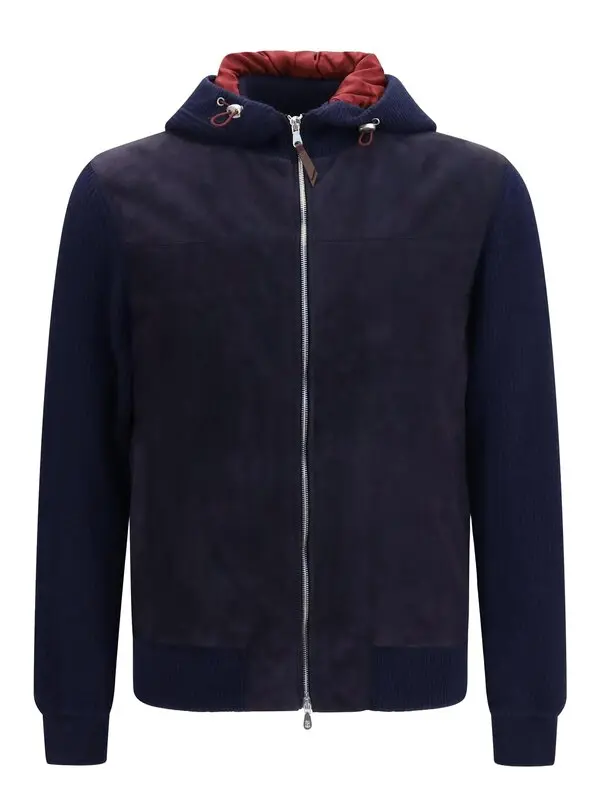 Brunello Cucinelli Suede And English Rib Knit Hooded Jacket - Blue