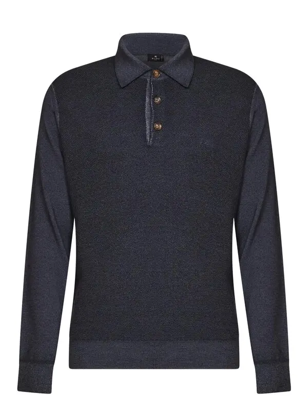 Etro Indigo Two-tone Wool Knit Logo-embroidered Polo Shirt - Multicolor