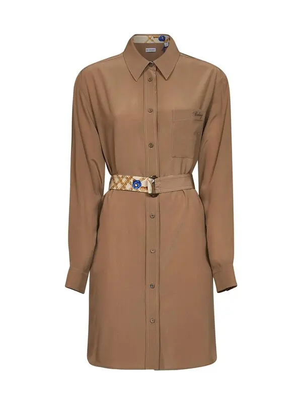Burberry Camel Silk Belted Shirt Dress - Multicolor