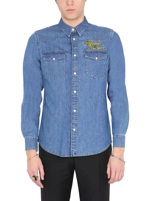 Alexander McQueen Shirt With Embroidered Logo - Blue