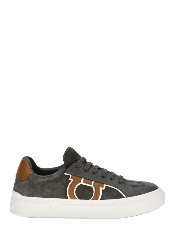 FERRAGAMO Gancini Leather And Suede Sneakers - Gray