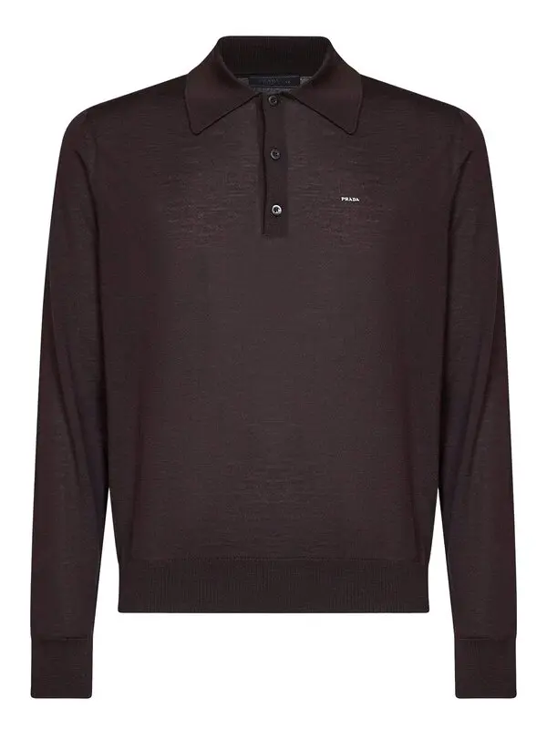 Prada Abbigliamento Dark Brown Combed Wool Long-sleeved Polo Shirt - Multicolor
