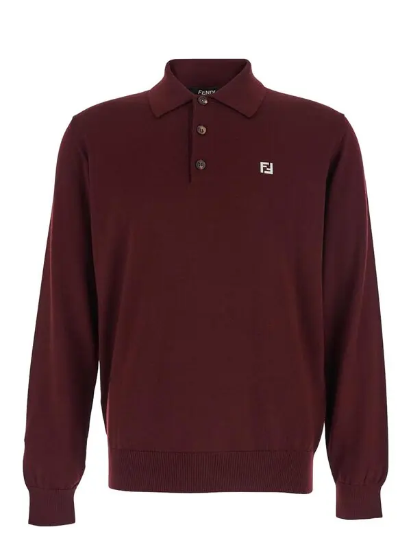 Fendi Bordeaux Long Sleeve Polo With Classic Collar And Ff Plate On The Front In Wool For - Multicolor