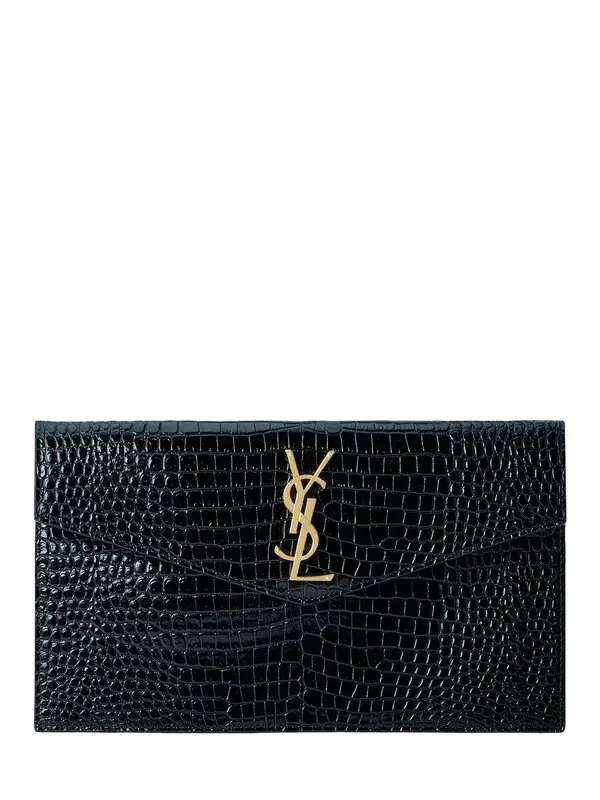 Saint Laurent Uptown Crocodile-embossed Shiny Leather Pouch - Black