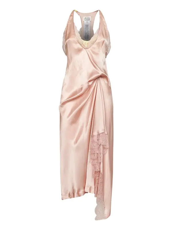 MAISON MARGIELA Light Pink Satin And Lace Midi Slip Dress - Multicolor