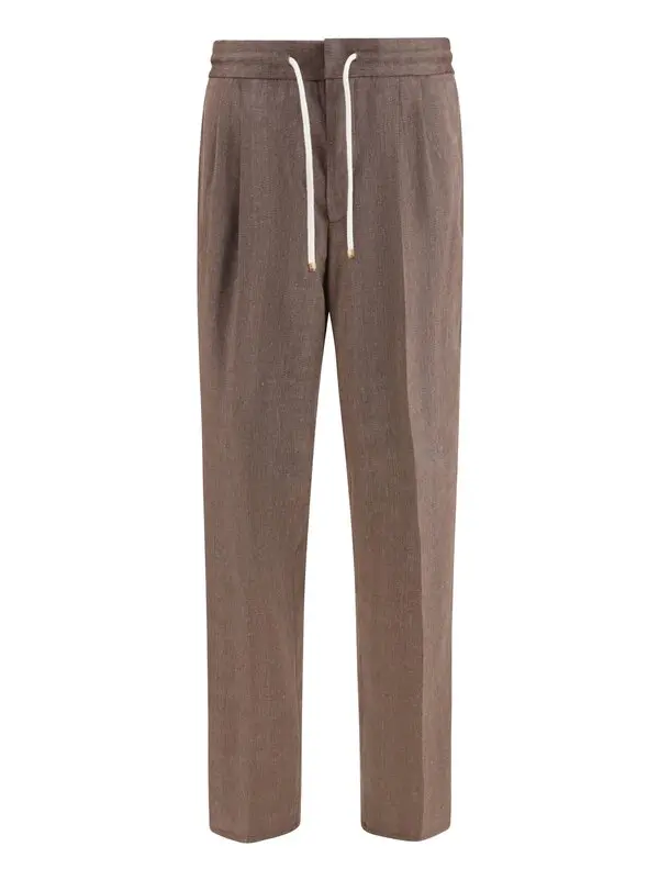 Brunello Cucinelli Herringbone Linen And Wool Trousers - Brown