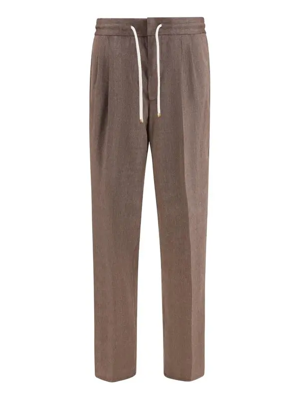 Brunello Cucinelli Herringbone Linen And Wool Trousers - Brown