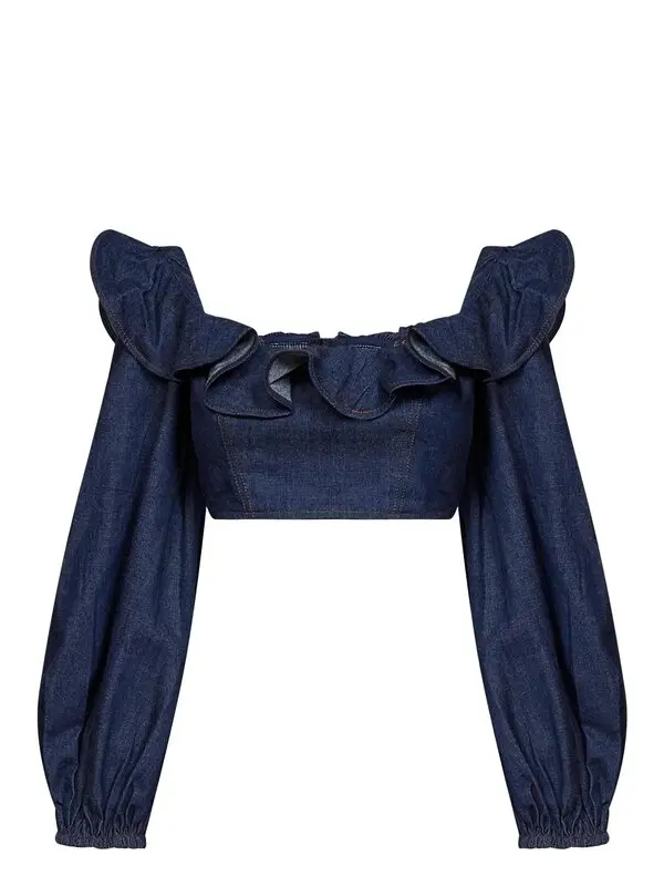 Zimmermann Ink Denim Aster Cropped Frill Top - Multicolor