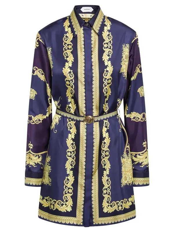 Versace Baroque Print Silk Twill Chemisier Dress - Blue