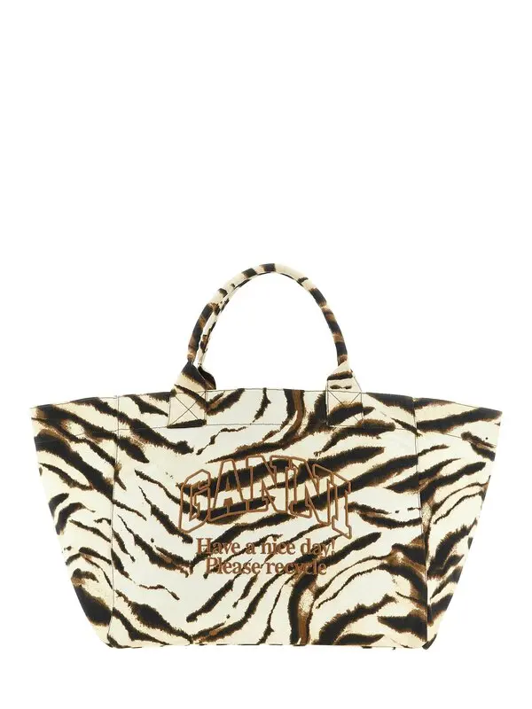 GANNI Zebra Print Cotton Canvas Shopper Tote Bag - Cream