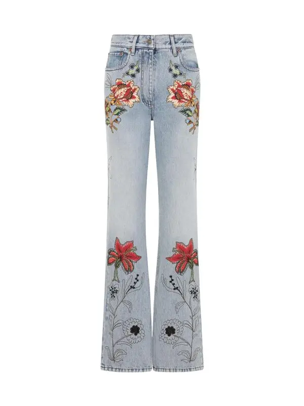 Valentino Garavani Denim 5 Pockets Embroidered Flowers Jeans - Blue