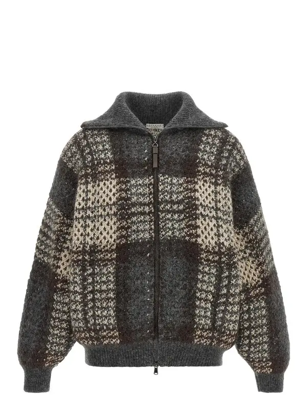 Brunello Cucinelli Dazzling Tartan Cardigan - Gray