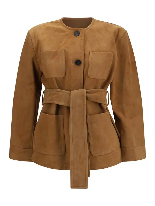 Max Mara Suede Leather Jacket With Belt - Brown