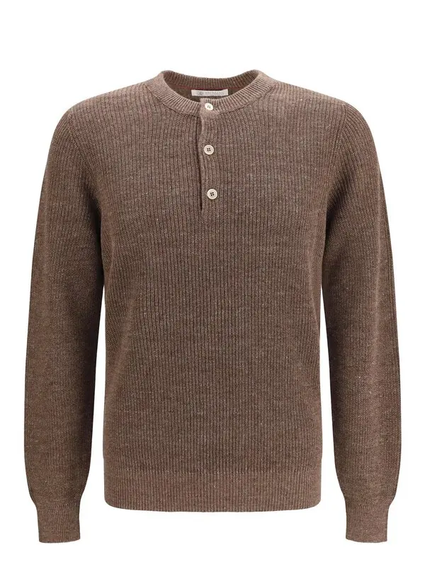 Brunello Cucinelli Cotton And Linen Henley Sweater - Brown