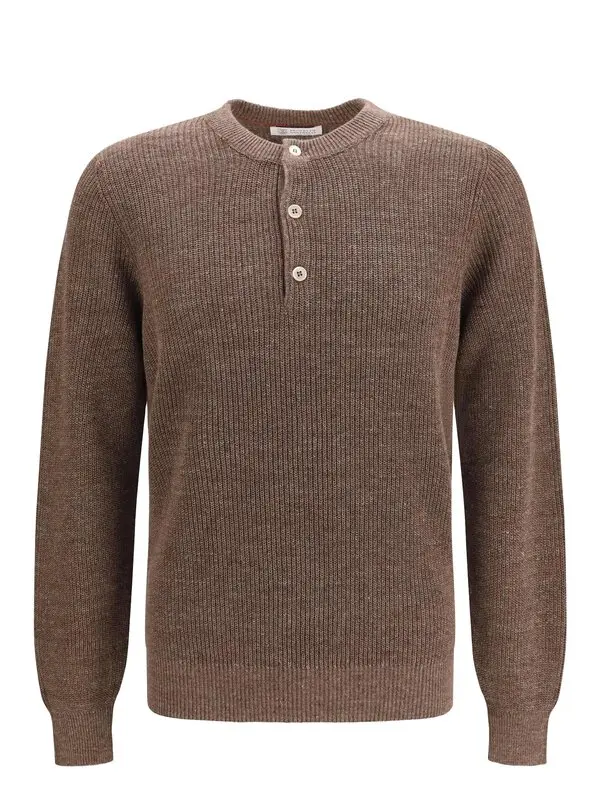Brunello Cucinelli Cotton And Linen Henley Sweater - Brown