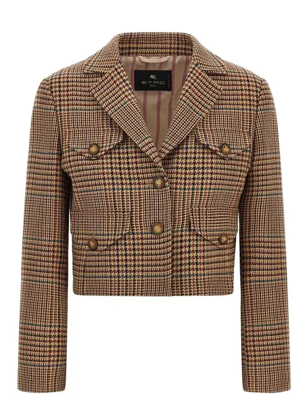 Etro Prince Of Wales Wool Cropped Blazer - Brown