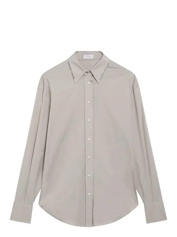 Brunello Cucinelli Monili Trim Stretch Cotton Poplin Shirt - Gray