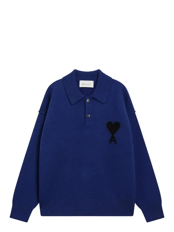 AMI Paris Electric De Coeur Polo Sweater In Wool - Blue