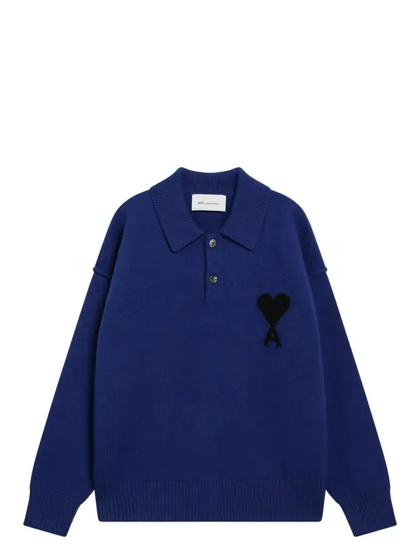 AMI Paris Electric De Coeur Polo Sweater In Wool - Blue