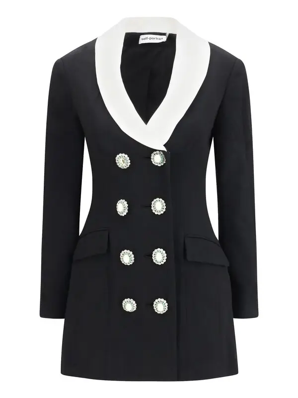 SELF-PORTRAIT Long Double-breasted Blazer With Contrast Neckline - Black