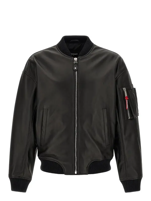 Dsquared2 Leather Bomber Jacket - Black