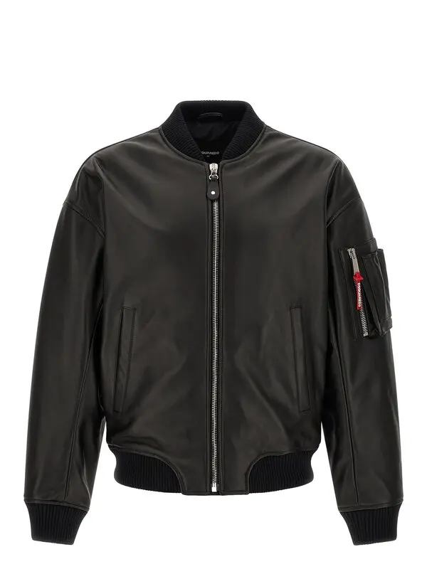 Dsquared2 Leather Bomber Jacket - Black