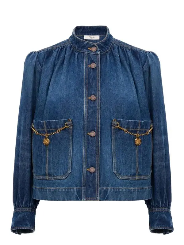 Chloé Denim High Neck Gathered Jacket - Blue