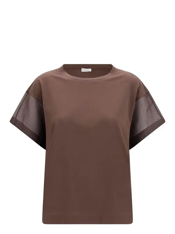 Brunello Cucinelli Cotton T-shirt With Sheer Sleeves And Side Panels - Brown