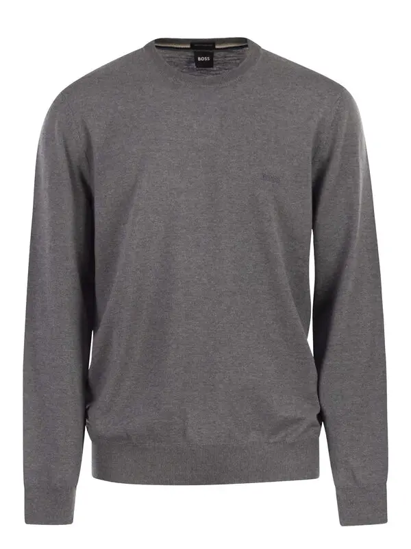 BOSS Regular Fit Virgin Wool Jumper With Embroidered Logo - Gray