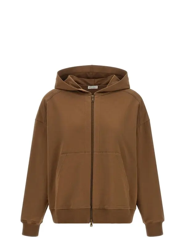 Brunello Cucinelli Lightweight Stretch Cotton Monile Trimmed Zip-up Hoodie - Brown