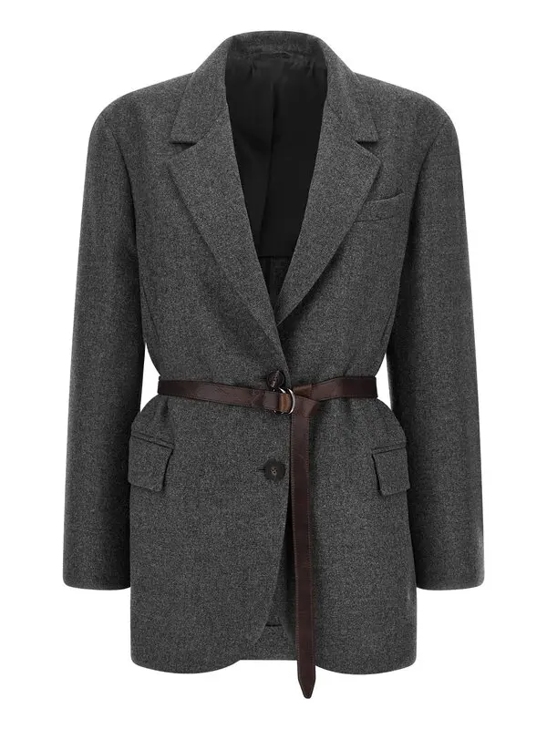 Brunello Cucinelli Single-breasted Mélange Virgin Wool And Cashmere Belted Blazer - Gray
