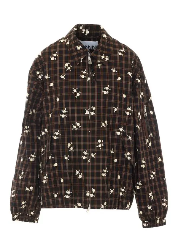 GANNI Printed Check Bomber - Brown
