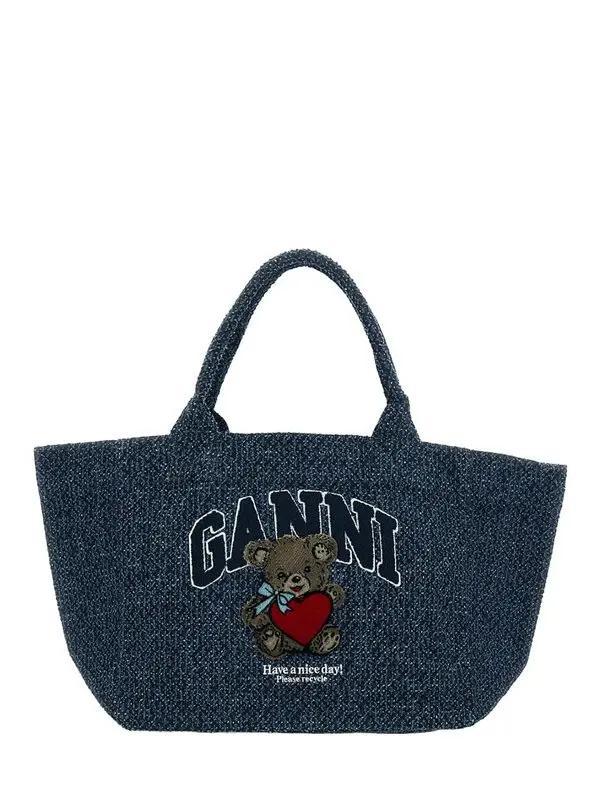 GANNI Trapeze Medium' Blue Shopper With Logo Lettering And Print On The Front In Cotton - Multicolor