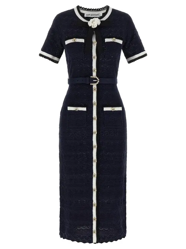 SELF-PORTRAIT Navy Pointelle Knit Midi' Dress - Blue