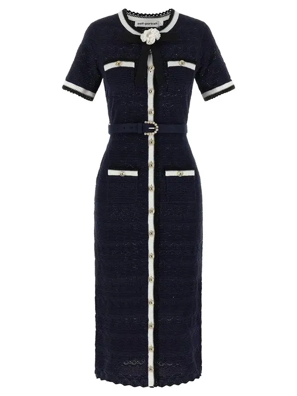 SELF-PORTRAIT Pointelle Knit Midi Dress - Blue