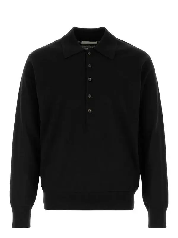 Dries Van Noten Wool Spread Collar Polo Sweater - Black