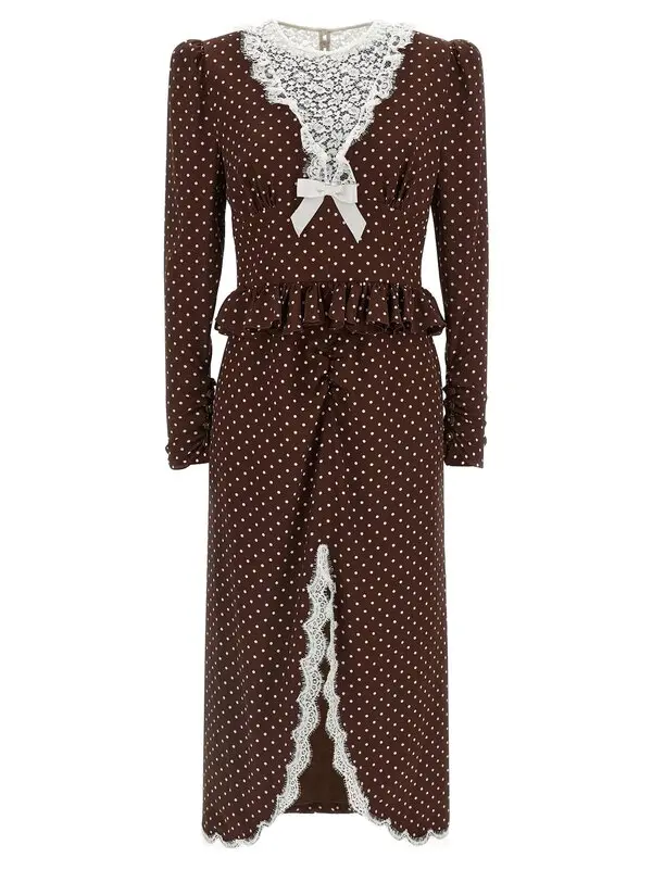 Alessandra Rich Polka Dot Silk Midi Dress - Brown